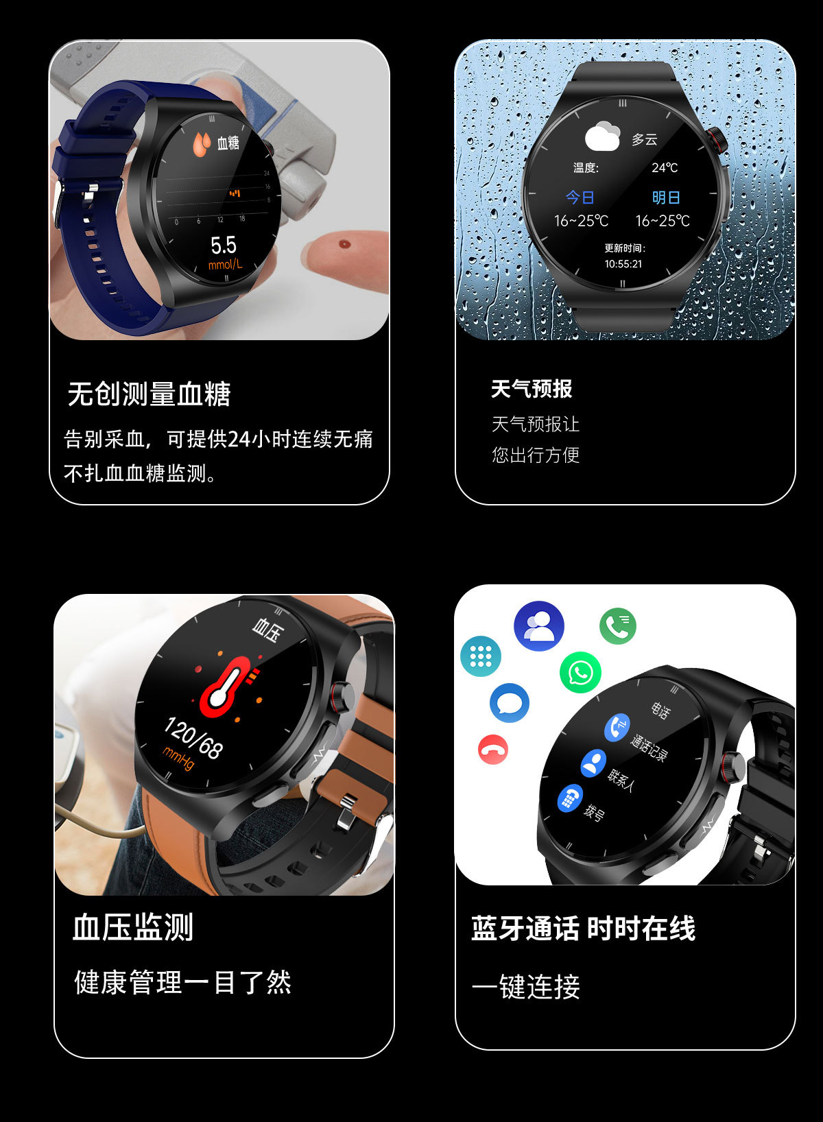 新款ET340测血糖智能手表尿酸血脂心电图多运动蓝牙通话智能手表-阿里巴巴