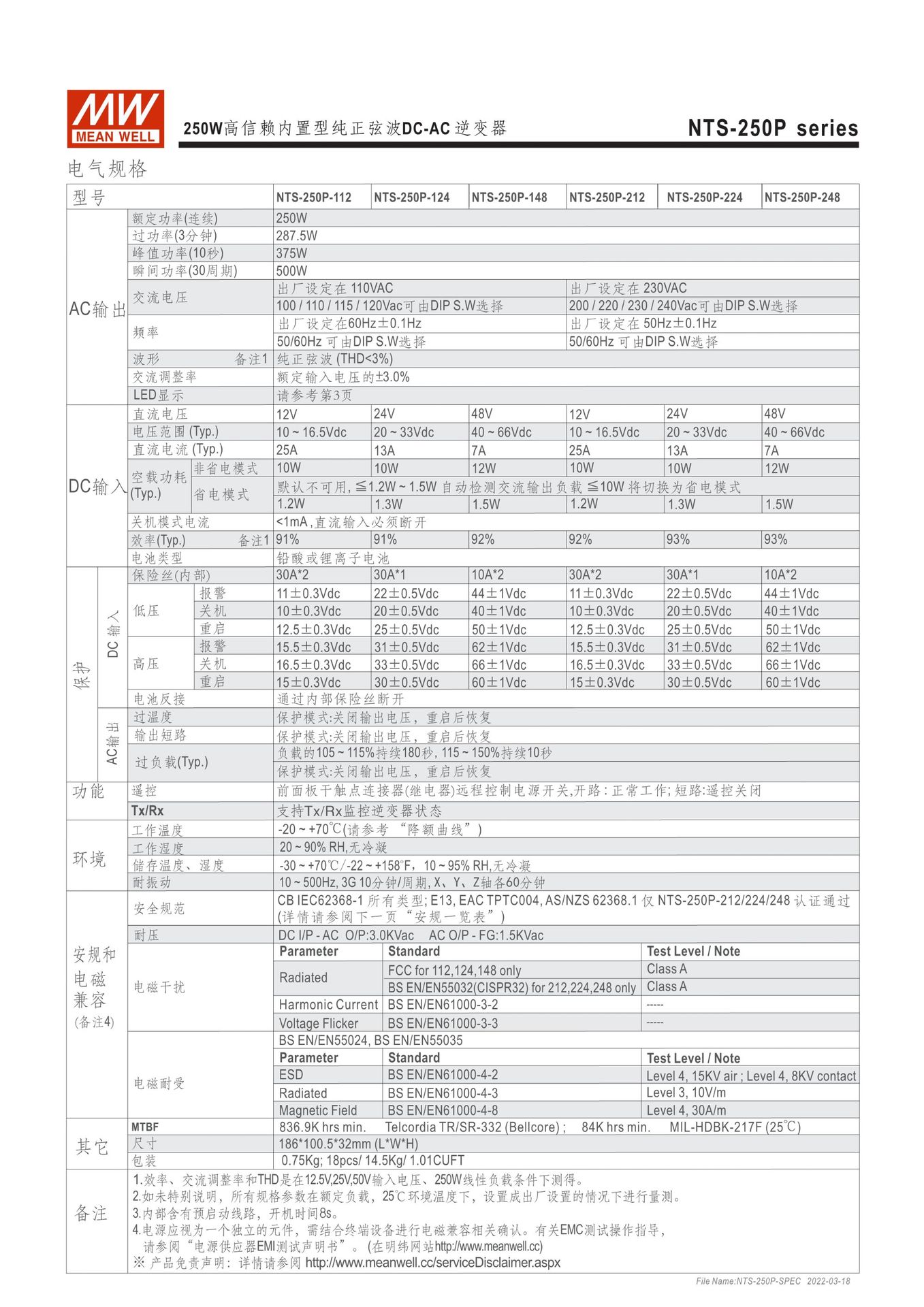 明纬NTS-250P-112/124/148/212/224/248纯正弦波DC-AC逆变器-阿里巴巴