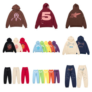 24跨境潮牌sp5de蜘蛛网555立体发泡休闲运动卫衣男女高街长裤套装-阿里巴巴