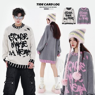TIDE CARD LOG|新款街潮英文字母提花撞色圆领针织衫情侣宽松毛衣-阿里巴巴