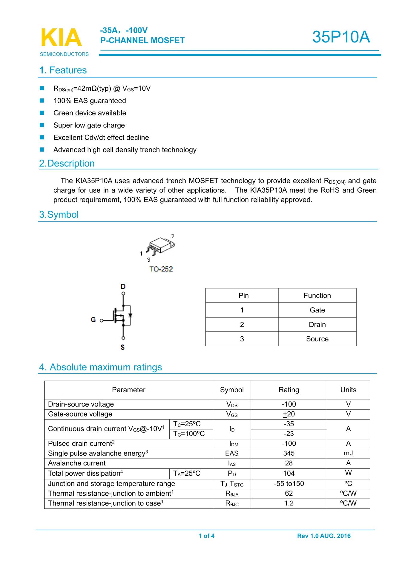 专用开关领域PMOS管 原厂KIA35P10AD -35A/-100V TO-252 品质保障-阿里巴巴