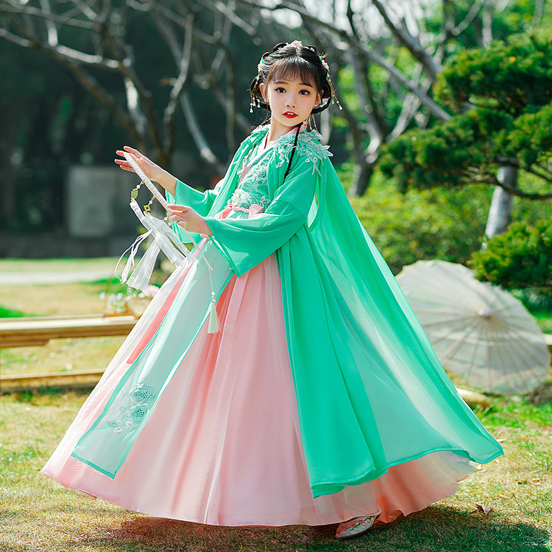 Girls Green hanfu antique dress children fairy princess cosplay skirts ...