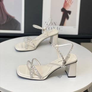 法式温柔仙女风罗马凉鞋2025夏季新款粗跟高跟鞋水钻方头时尚女鞋-阿里巴巴