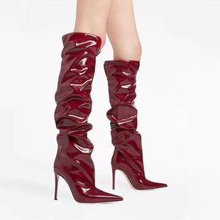 酒红色漆皮细跟及膝靴欧美风拼接套筒高跟褶皱堆堆靴超大码女靴-阿里巴巴