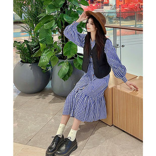 现货SHYSH "夏末山谷"蓝格子棉清新圆领压褶抽绳格纹衬衫连衣裙-阿里巴巴