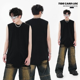 TIDE CARD LOG春夏新品复古港风破洞百搭背心飘带街潮男女款打底T-阿里巴巴