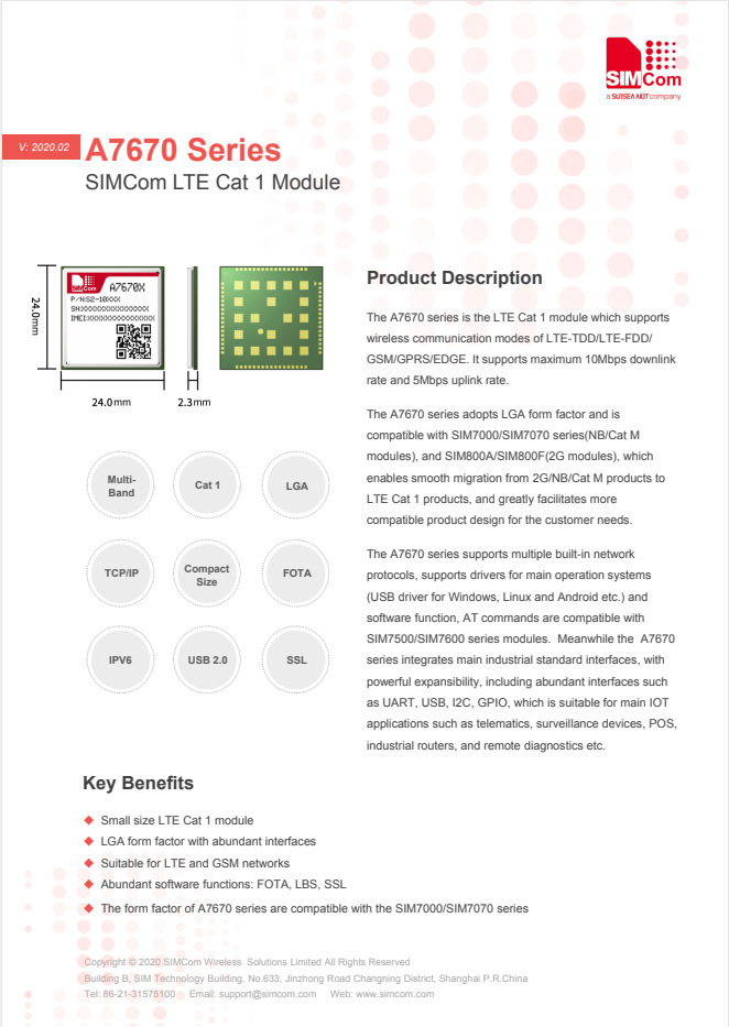 A7670C-LANV A7670C 4G全网通模块物联网CAT1模块支持模拟语音-阿里巴巴