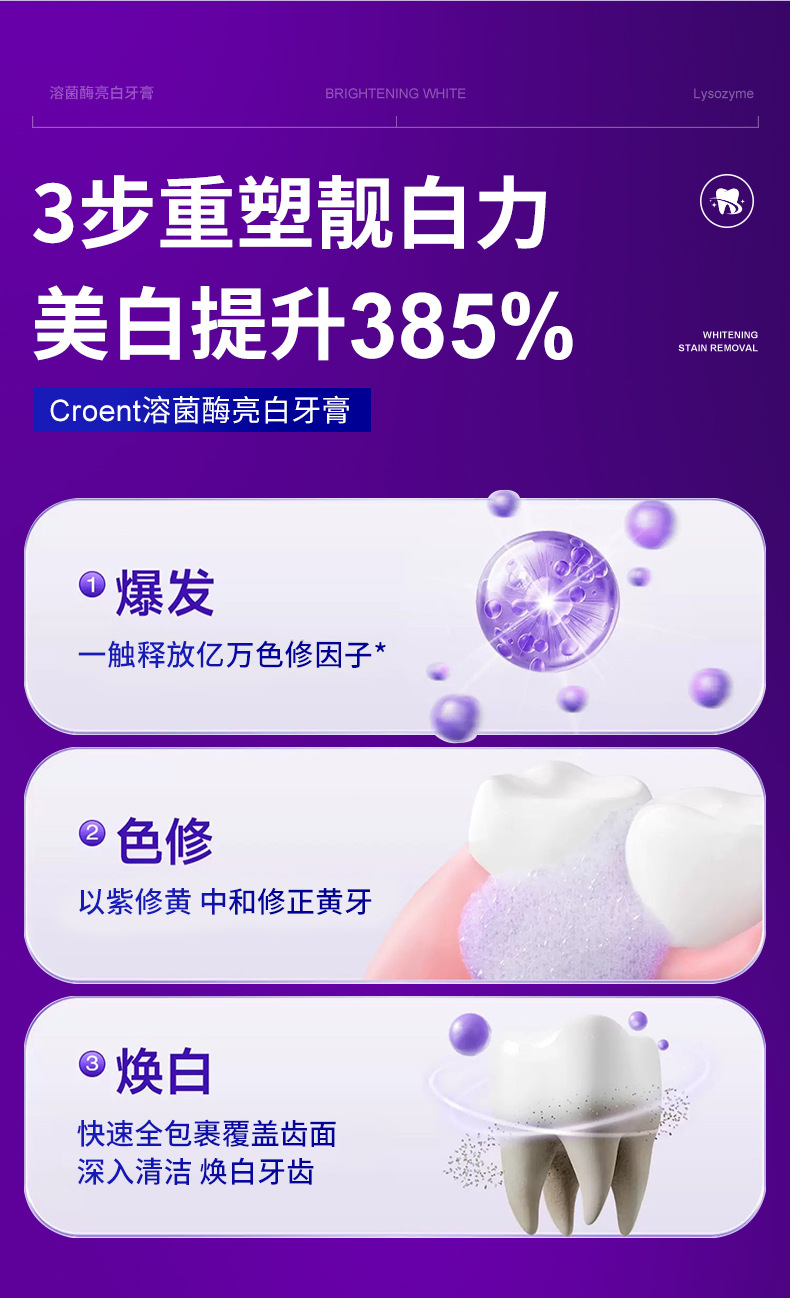新款croent溶菌酶亮白牙膏美白清新口气紫色牙膏去渍炫白家庭洁牙-阿里巴巴