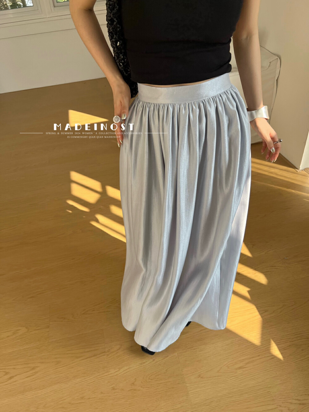 MADEINOST 春季上新休闲纯色百搭轻奢珠光小量感高腰半身裙 28037-阿里巴巴