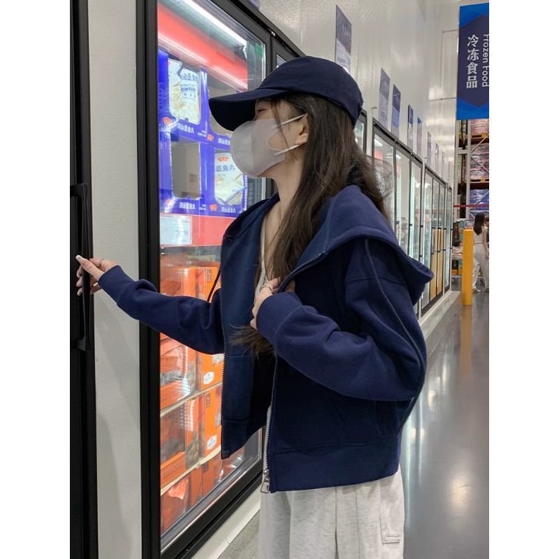 早秋开衫连帽卫衣女2025新款春秋季藏青色爆款上衣宽松休闲短外套-阿里巴巴