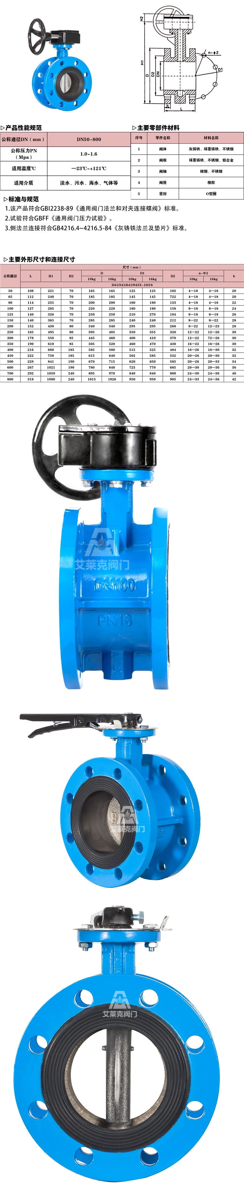 D341-16/D41X-16手柄/涡轮法兰蝶阀/铸铁手动法兰蝶阀DN50 65 80-阿里巴巴