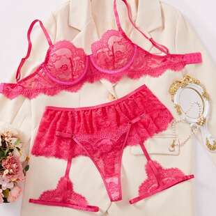 women Lace bra garter belt three piece set, sexy lingerie-阿里巴巴