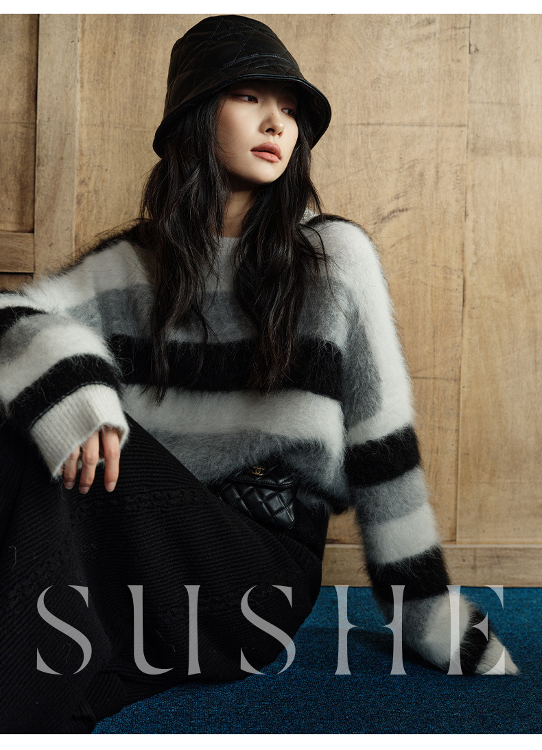 束皙/SUSHE 高比例羊驼毛复古高街配色条纹慵懒休闲套头毛衣女冬-阿里巴巴