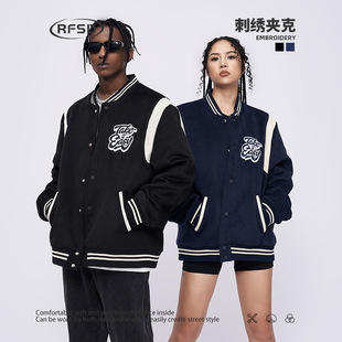 RFSD|2024秋冬新款撞色宽松刺绣夹克棒球服外套情侣棉衣外套男女-阿里巴巴