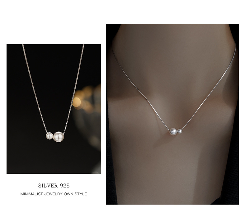 s925纯银两颗珍珠项链女法式高级感ins冷淡风通勤简约气质锁骨链-阿里巴巴