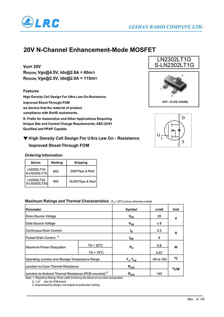 LRC LN2302LT1G 丝印N02 SOT-23 N沟道 20V 2.3A 贴片MOS场效应-阿里巴巴
