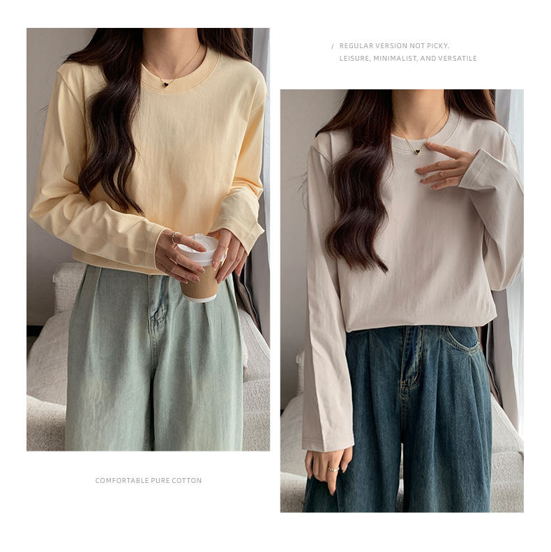 230g长袖纯棉T恤男内搭打底衫女秋冬情侣装打底衣正肩精梳棉上衣-阿里巴巴