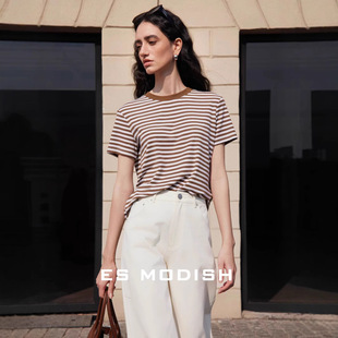 ES MODISH 春季新品基础百搭横条纹圆领天丝短袖T恤休闲通勤上衣-阿里巴巴