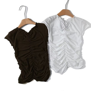 BM&MD&ZA女装极简设计感棕缩褶修身木耳边V领飞袖T恤06825207700-阿里巴巴