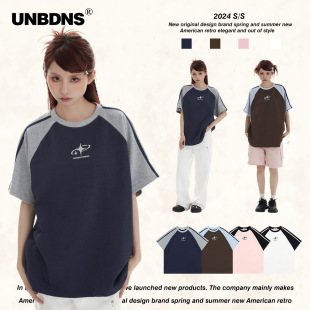 UNBDNS 美式复古潮流撞色拼接短袖T恤男女情侣款宽松休闲百搭上衣-阿里巴巴