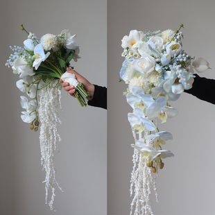 TOWOO 碎冰蓝手捧花仿真花水滴瀑布形新娘结婚韩式婚礼婚纱照花束-阿里巴巴