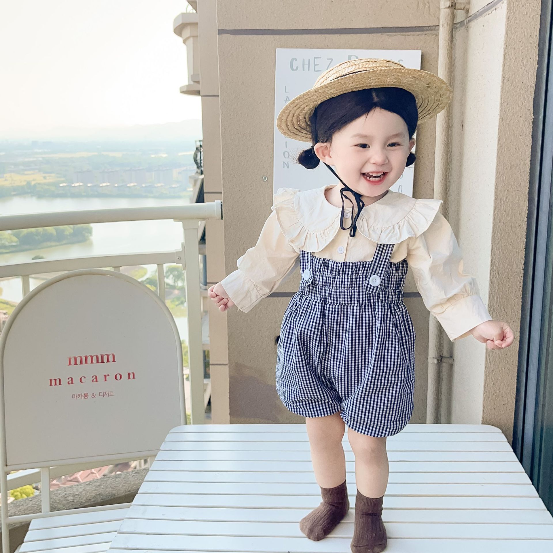 女童套装春秋新款韩版婴幼儿童娃娃领衬衫上衣格子背带中裤两件套-阿里巴巴