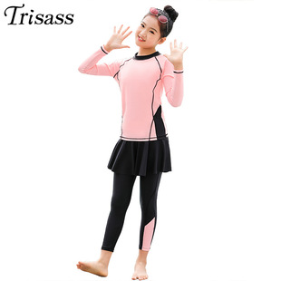 Trisass 2023年新款儿童分体裙式女童泳衣纯色运动大童长袖长裤-阿里巴巴