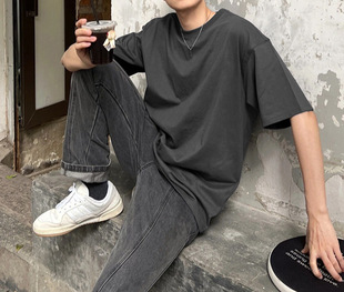 美式简约重磅260g深灰色短袖t恤男夏季ins纯色宽松百搭圆领打底衫-阿里巴巴