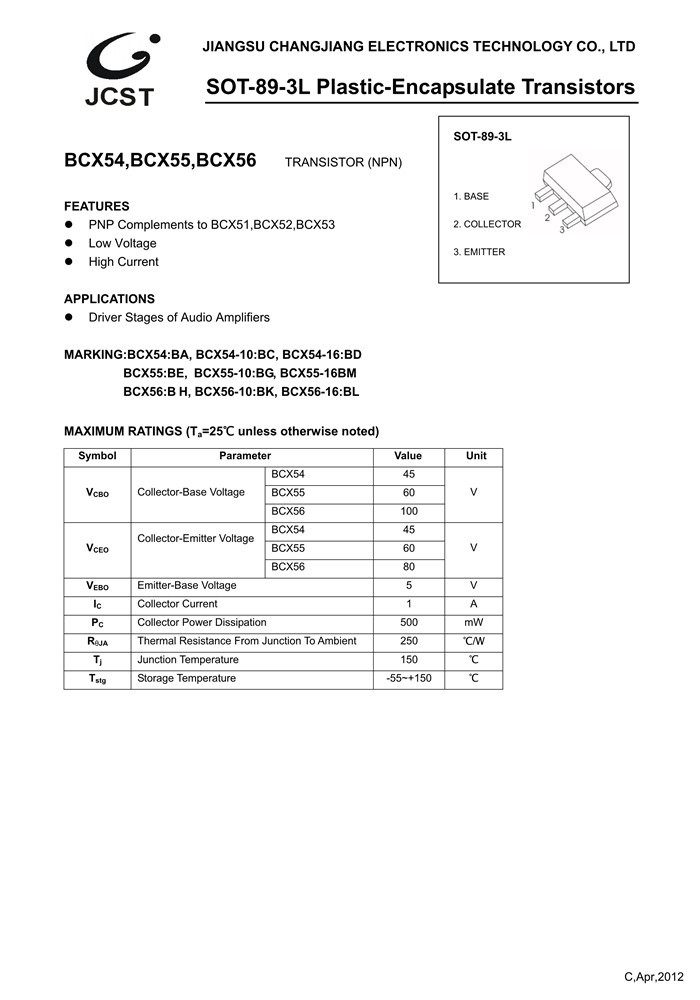 江苏长电/长晶 BCX56-16 丝印BL SOT-89 NPN 80V 1A 贴片三极管-阿里巴巴