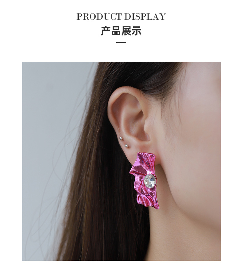 肯杰 赛博朋克metallic玫红色褶皱纹路水晶耳环statement earring-阿里巴巴