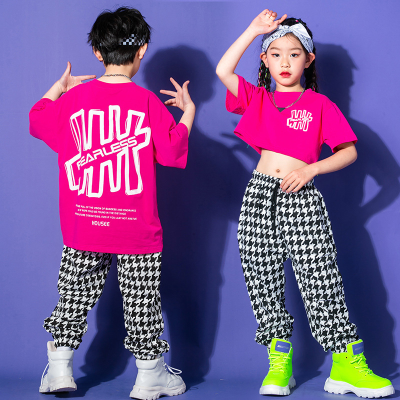 Boys girls pink plaid hiphop street jazz dance costumes rapper singers ...