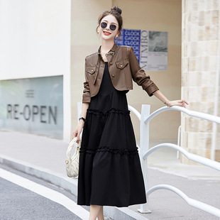 新款秋装机车短款皮衣外套+吊带连衣裙时尚两件套 CY9903-1-阿里巴巴