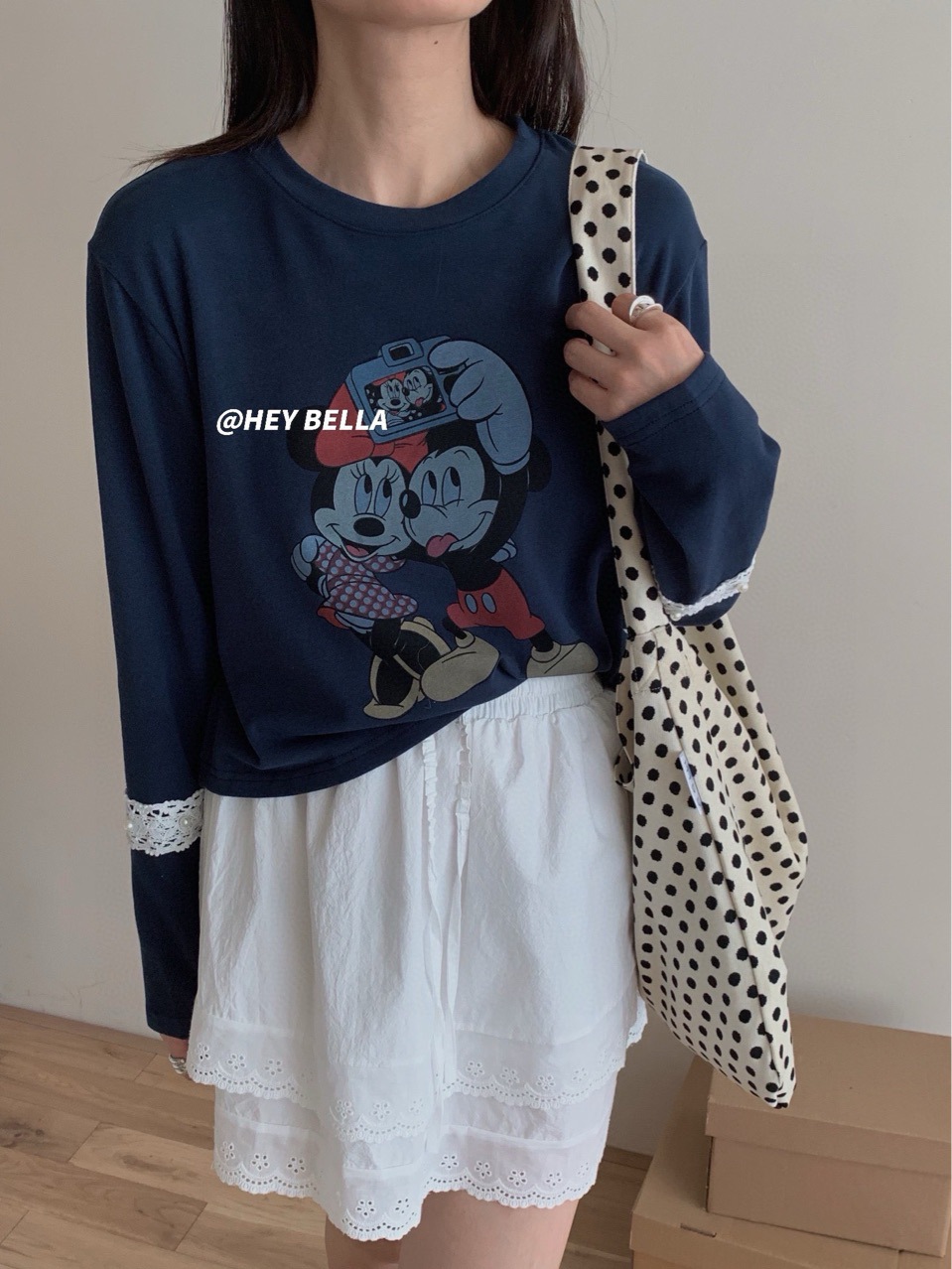 【沙河】HEY BELLA卡通米奇图案短款女休闲百搭圆领长袖衫D8576-阿里巴巴