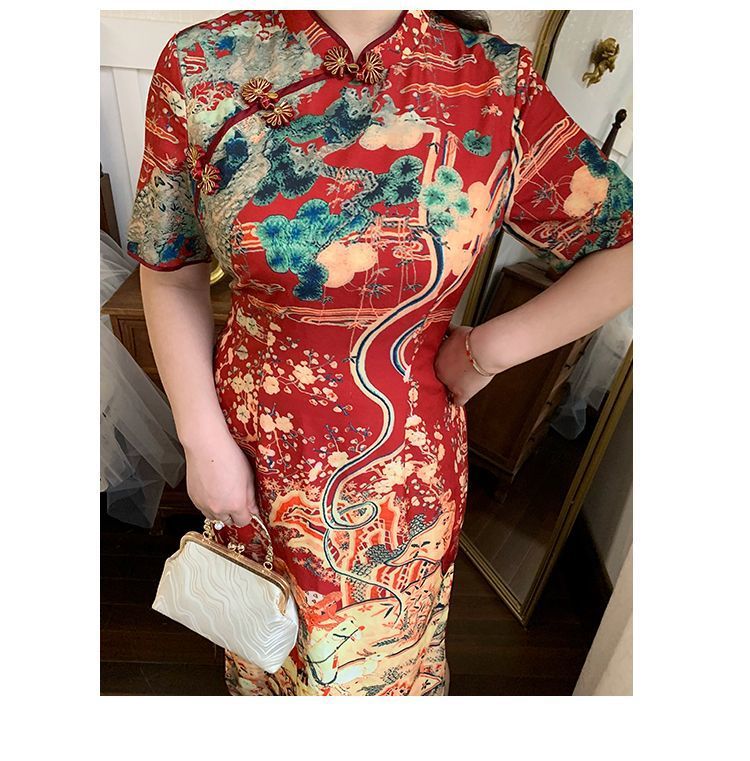 GLEC大码女装高端胖mm新中式国风复古气质收腰改良旗袍印花连衣裙-阿里巴巴