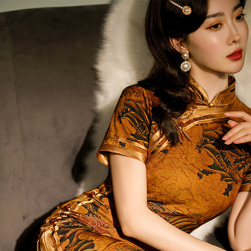 Retro Chinese Dress oriental old shanghai Qipao wear yellow collar long ...