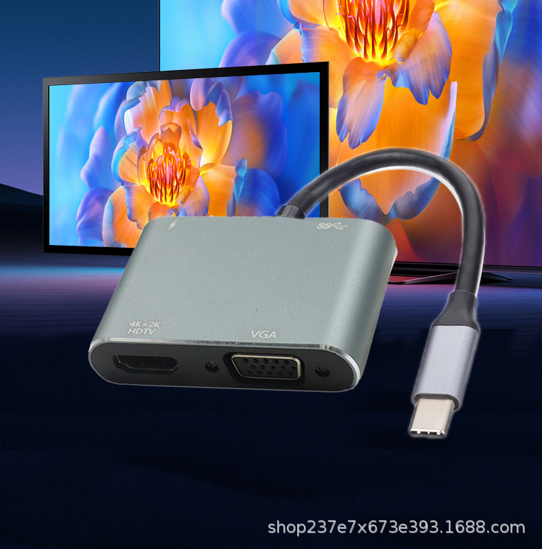 Type-c转 hdm四合一4K高清HDMI+VGA+PD100W+USB3.0转换器扩展坞-阿里巴巴