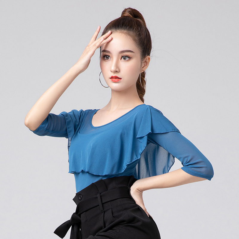 bLue black navy red ruffles National standard ballroom latin dance tops ...