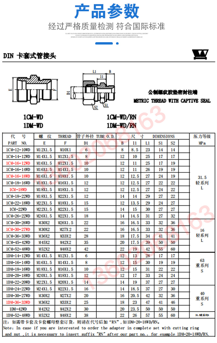 1CM-WD液压卡套接头永华标准24度锥直通过渡变径接头公制ED垫密封-阿里巴巴