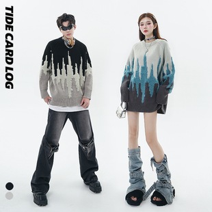 TIDE CARD LOG|复古秋冬百搭撞色火焰高街设计感套头针织毛衣男女-阿里巴巴