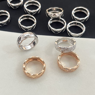 小香高版本coco菱格戒指s925纯银CNC镶钻玫瑰金白金情侣对戒指环-阿里巴巴