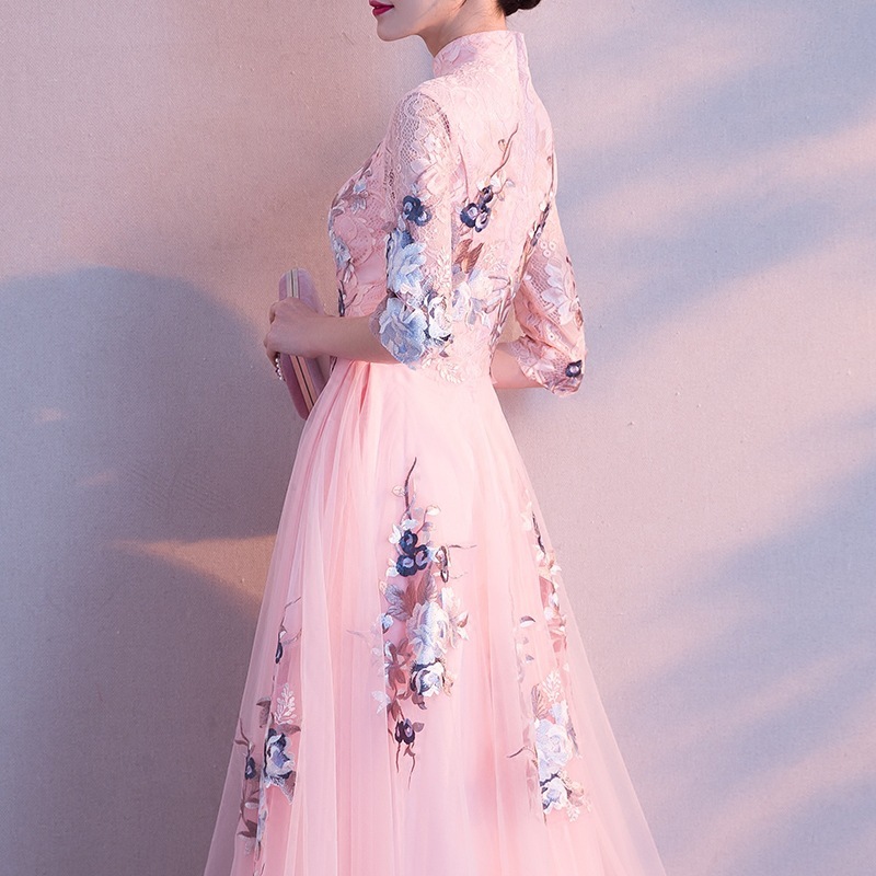Temperament pink wine silver party dress qipao elegant atmosphere ...