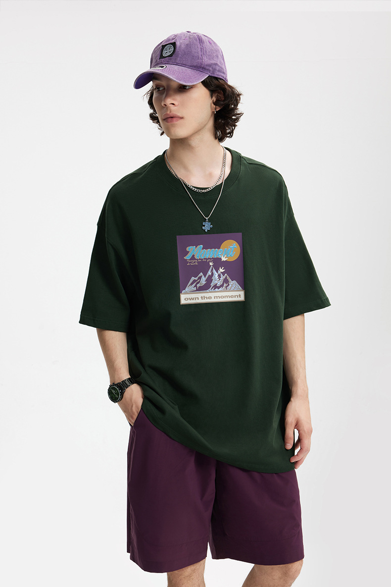 捷展男装|265G山系烫银印花T恤2025春夏新品宽松潮牌重磅圆领上衣-阿里巴巴