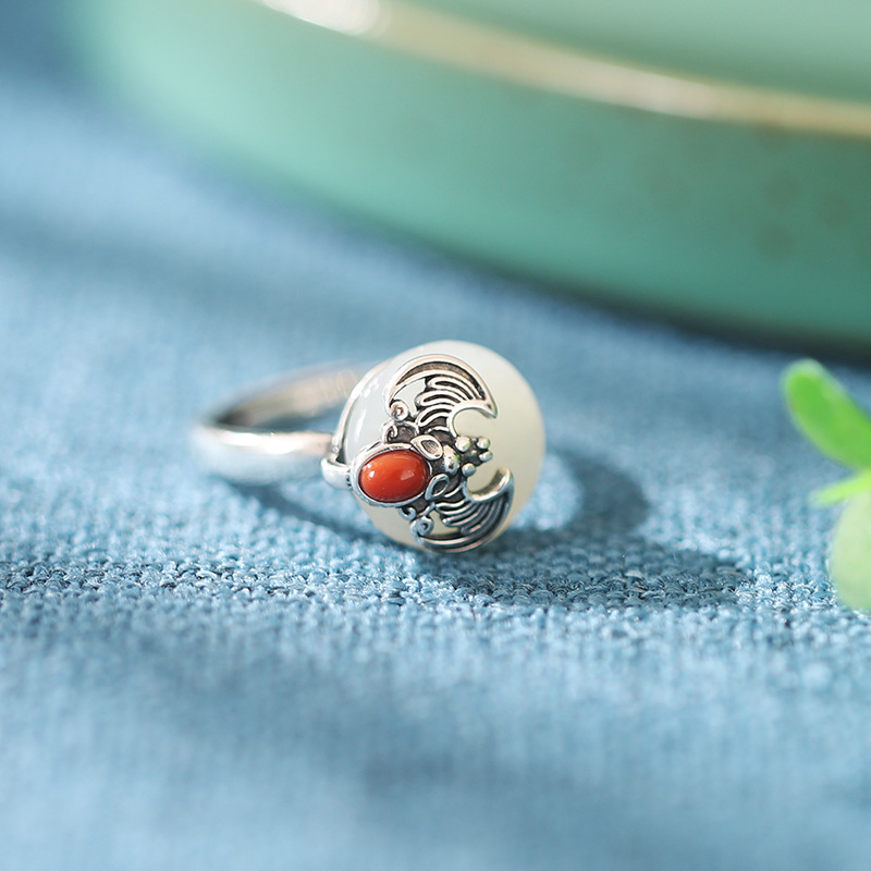 悦心蝙蝠和田玉平安扣戒指S925纯银女民族风复古食指个性饰品指环-阿里巴巴