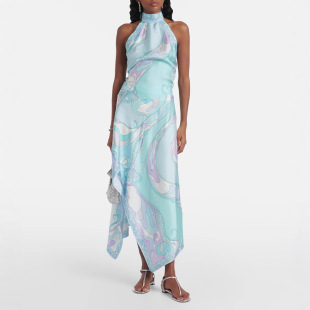 D9529亚马逊欧美热卖女装 性感时尚印花缎面挂脖露背不规则半身裙-阿里巴巴