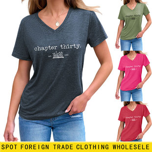 亚马逊wish时尚气质百搭女士V领chapter thirty est 1995短袖T恤-阿里巴巴