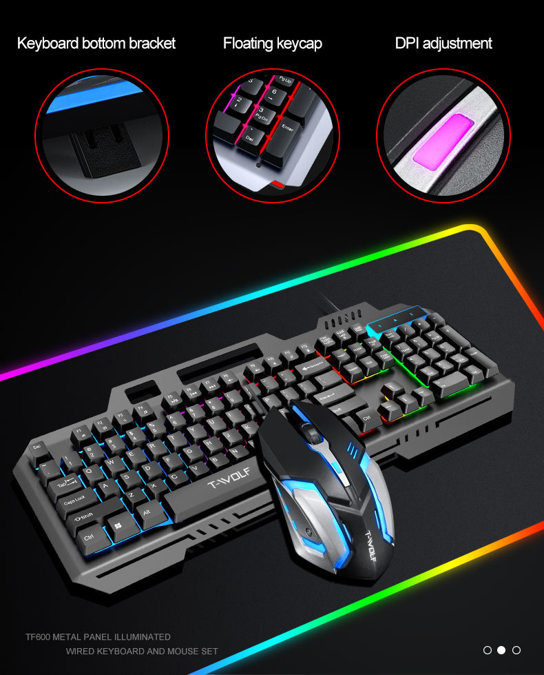 T-WOLF雷狼TF600键鼠套装有线USB发光keyboard铁板钢板T16键盘-阿里巴巴