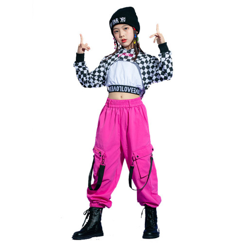 Plaid with hot pink hiphop rapper Street dance costumes for girls ...