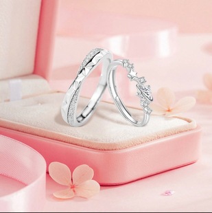 S999纯银星星相印情侣对戒微镶食指环轻奢小众ins设计手饰批发520-阿里巴巴