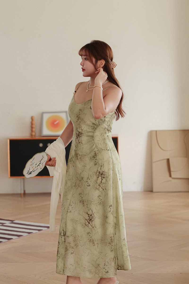 润其N8657翠竹禅意新中式V领串珠吊带裙批发 大码国风吊带连衣裙-阿里巴巴