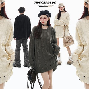 TIDE CARD LOG|秋冬纯色麻花编织复古宽松慵懒风破洞圆领针织毛衣-阿里巴巴